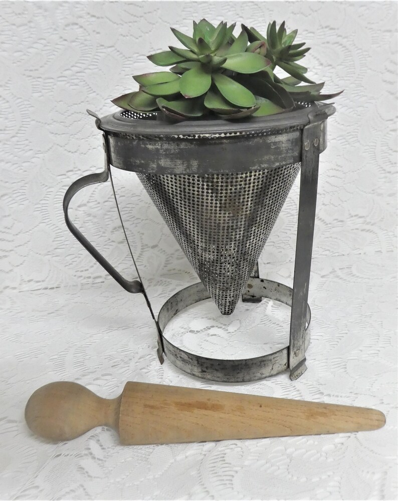 Vintage Metal Cone Sieve With Stand and Wooden Pestle/vtg Canning Sieve ...