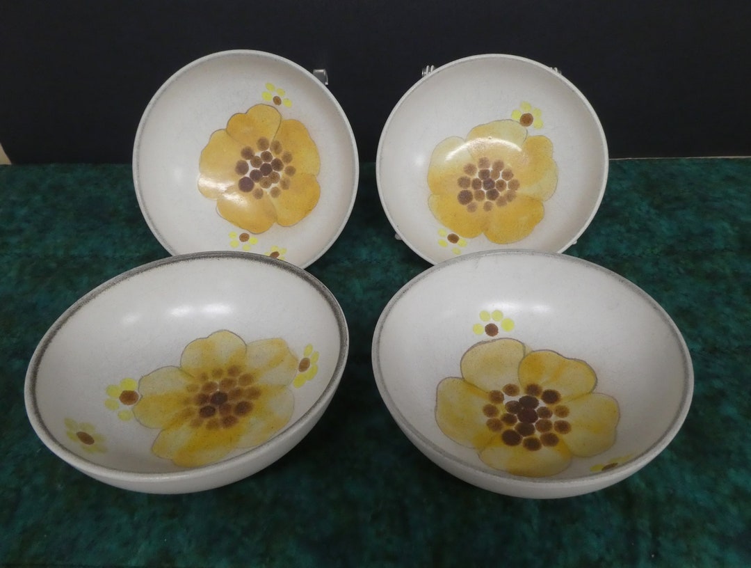 DENBY Bowls/minstrel Yellow Flowers/denby Handpainted England Stoneware ...