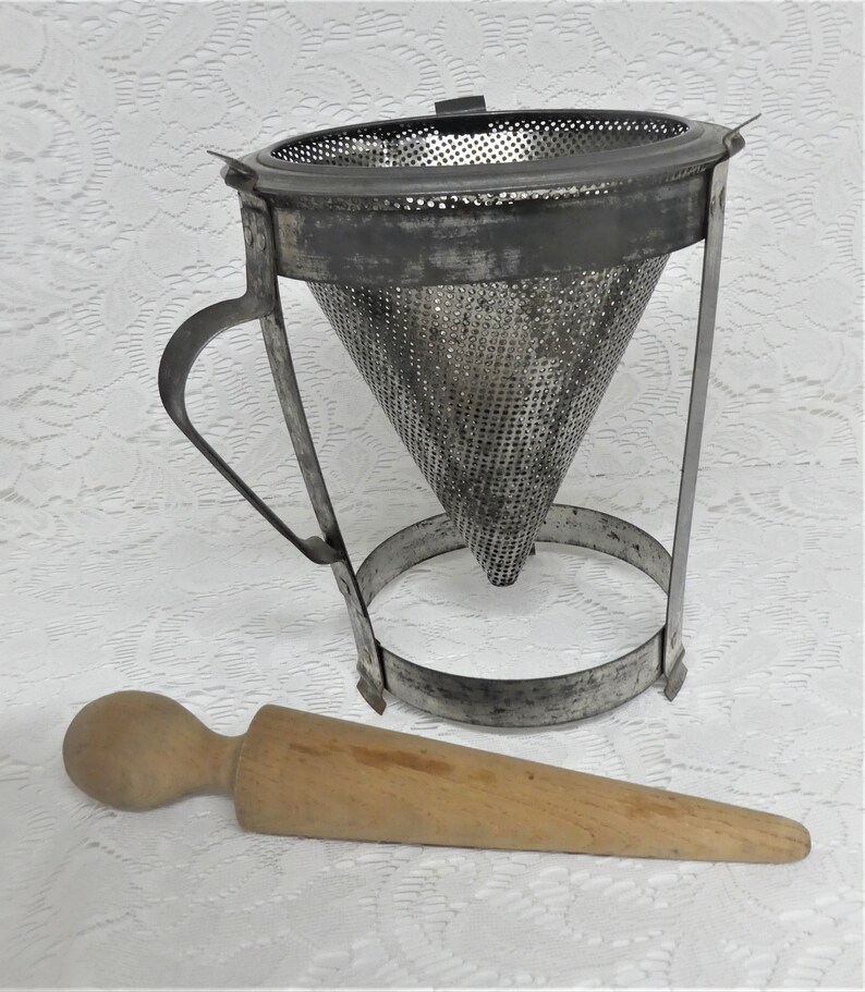 Vintage Metal Cone Sieve With Stand and Wooden Pestle/vtg Canning Sieve ...