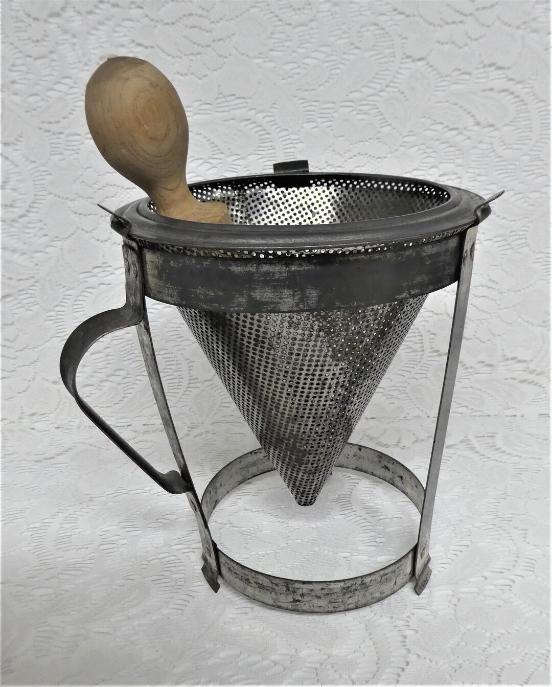 Vintage Metal Cone Sieve With Stand and Wooden Pestle/vtg Canning Sieve ...