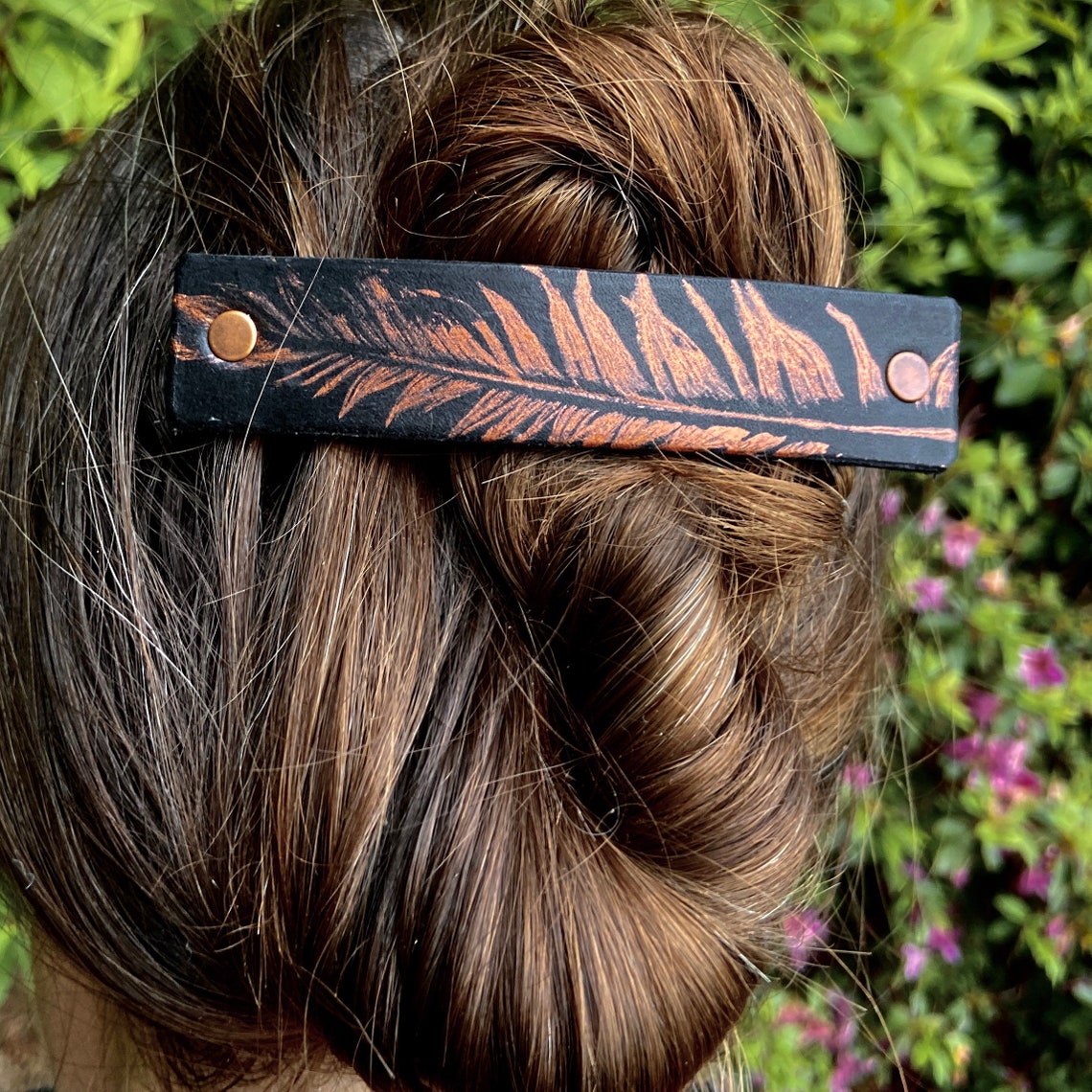 Copper Feather on Black Leather Barrette and Earring Gift Set | Etsy