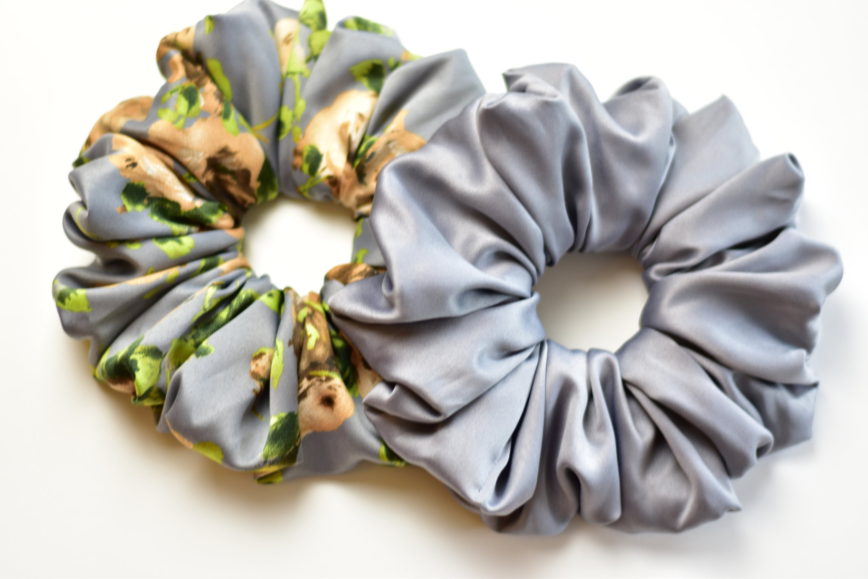 XXL Steel Gray Satin Scrunchies, Floral Gray Matte Satin Jumbo ...