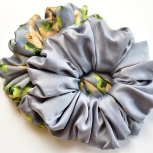 XXL Steel Gray Satin Scrunchies, Floral Gray Matte Satin Jumbo ...