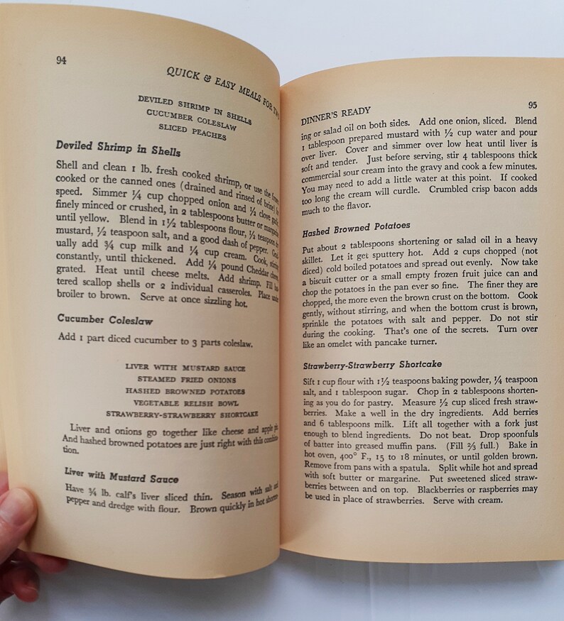 Quick and Easy Meals for Two, 1952, Vintage 50s Cookbook, Louella G ...