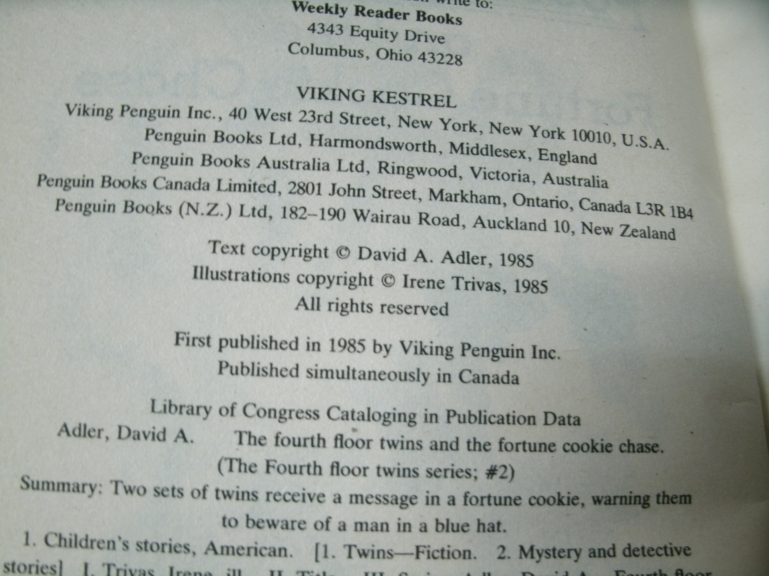 The Fourth Floor Twins and the Fortune Cookie Chase, David A Adler ...