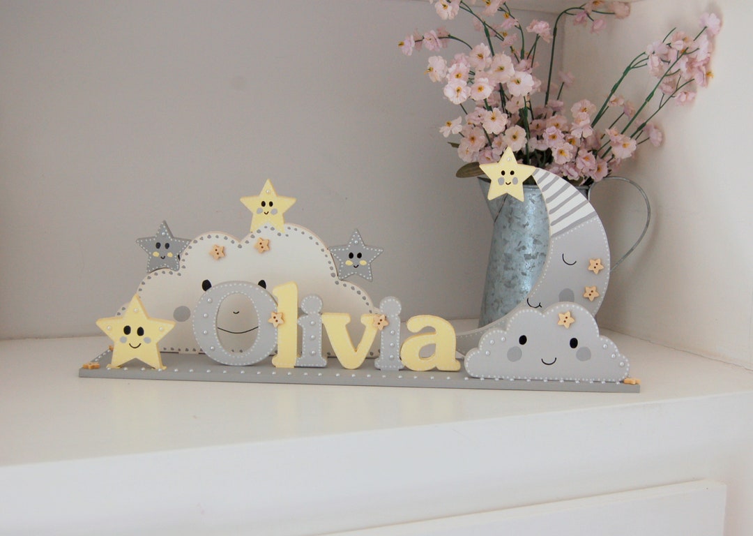 Moon and Star Nursery Decoration, Personalised Bedroom/ Nursery Sign ...