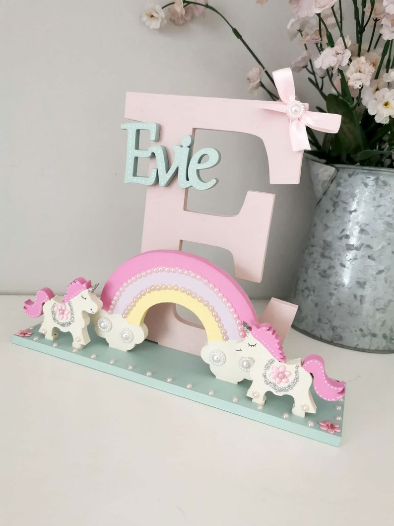 Unicorn and Rainbow Personalised Freestanding Wooden Letter - Etsy