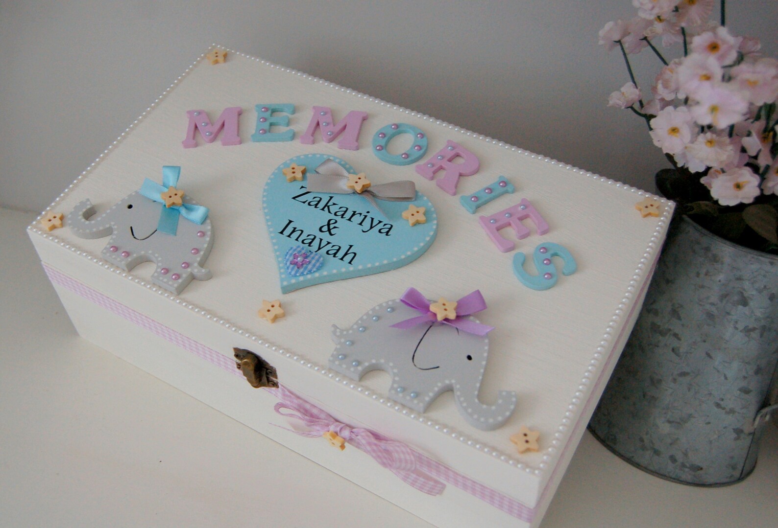 Twin Baby Wooden Memory Box Elephant Theme Personalised Twin - Etsy UK