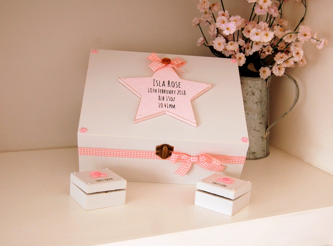 Pink Baby Girls Memory Box, New Baby Girl Gift, First Tooth and Curl ...