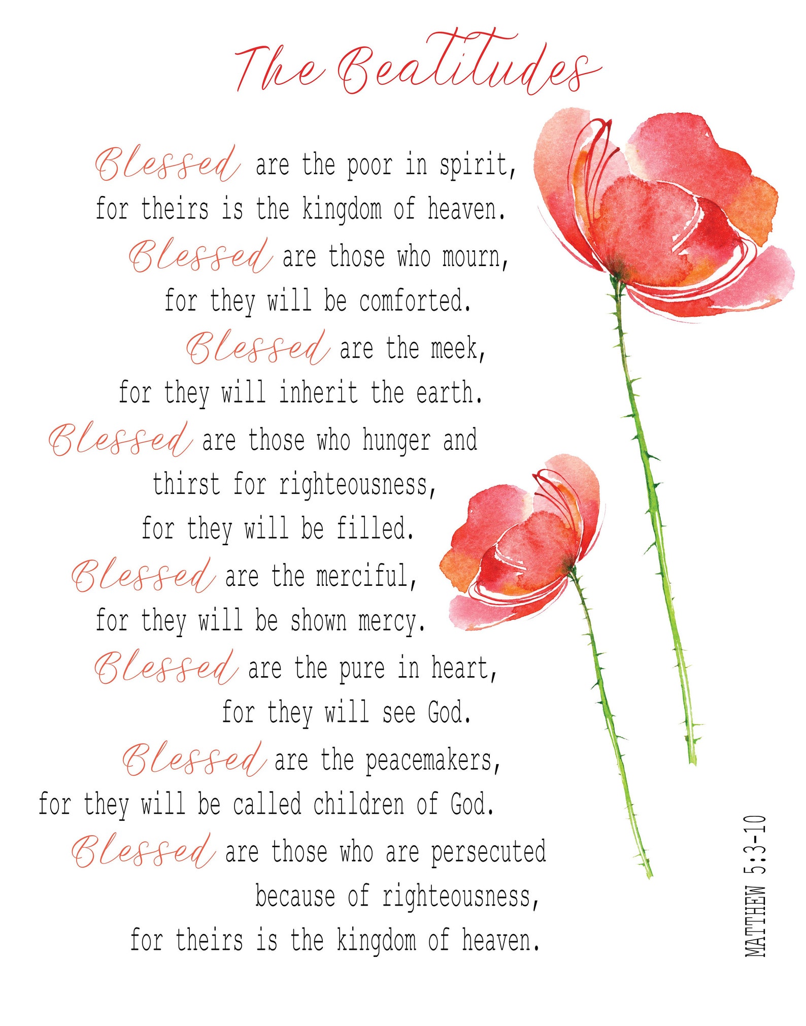Matthew 5:3-10 Print, the Beatitudes Bible Verse Matthew Gospel Bible ...