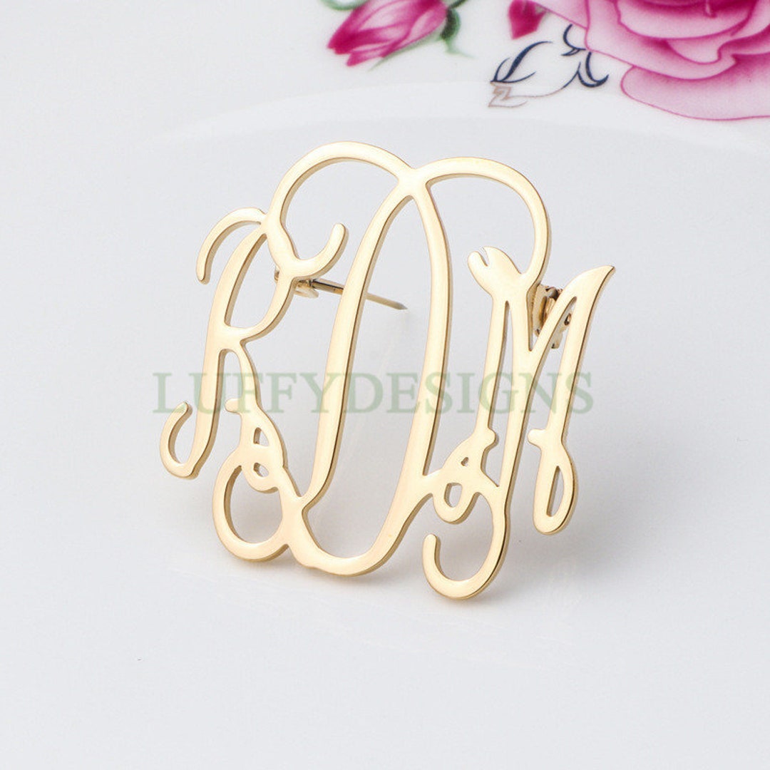 Gold Monogram Brooch, 3 Initials Monogram Brooch, Personalized Name Pin ...