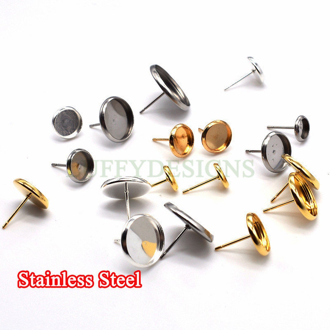 50pcs Earring Posts Studs, 316L Stainless Steel Ear Studs, Round Bezel ...