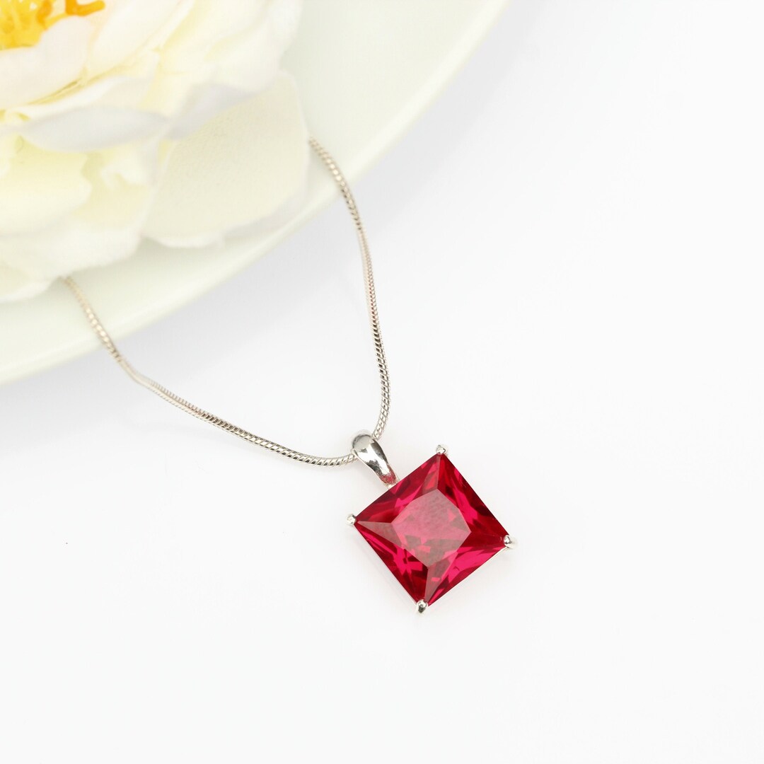 Big 10mm Square Lab Grown Ruby Pendant Necklace Silver - Big Square ...