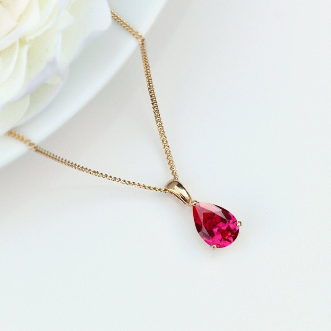 9ct Yell Gold Lab Grown 10 X 7mm Ruby Teardrop Pendant Necklace - Ruby 15th 40th Anniversary ...