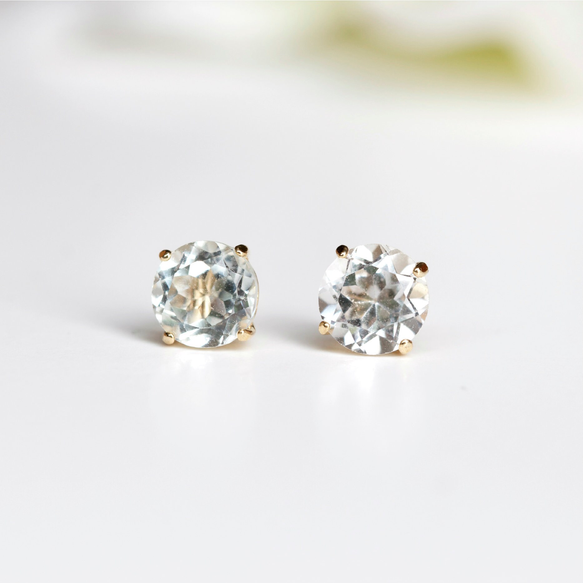 GemstoneGardenUK White Topaz Earrings Gold 9ct Yellow Gold 6mm Round White Topaz Stud Earrings White Topaz Studs Topaz Anniversary April Birthstone