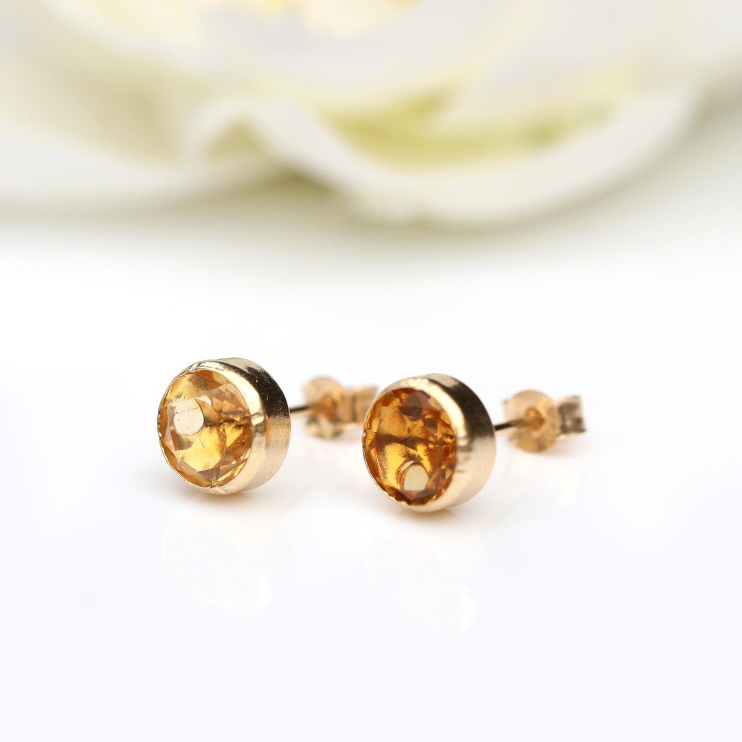 9-carat Yellow Gold Natural Citrine Stud Earrings, 6mm, Bezel-set ...