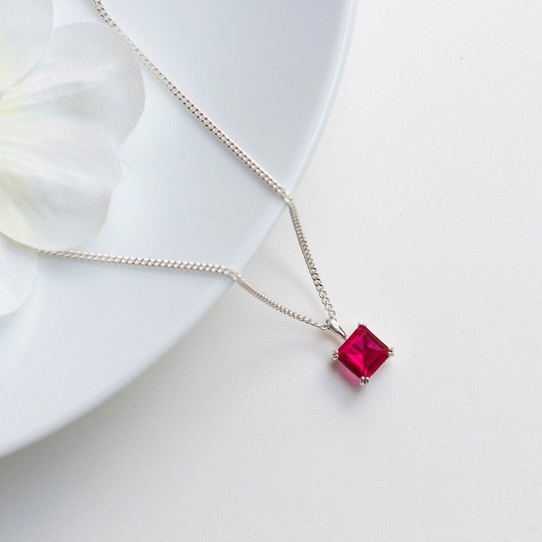 Lab Grown 6mm Square Ruby Pendant Necklace Silver - Solitaire Ruby ...