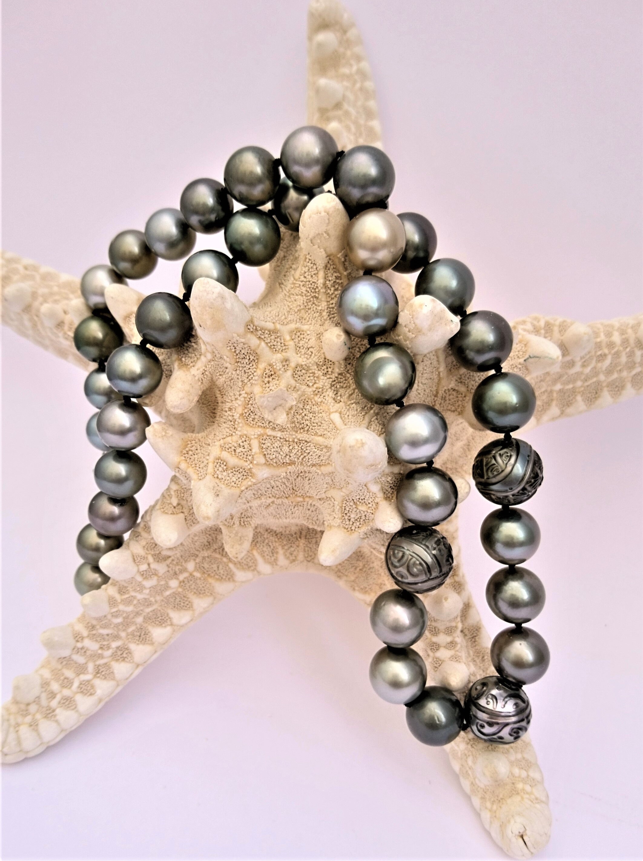Exotic Tahitian ROUND BLACK Pearl Necklace. One of a Kind Lustrous and ...