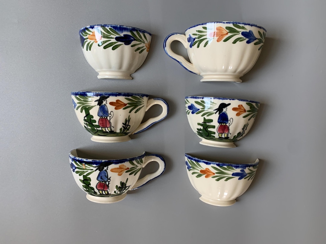 6 Half Tea Cups French Faience Style, Fronts and Backs, Cute Hand ...