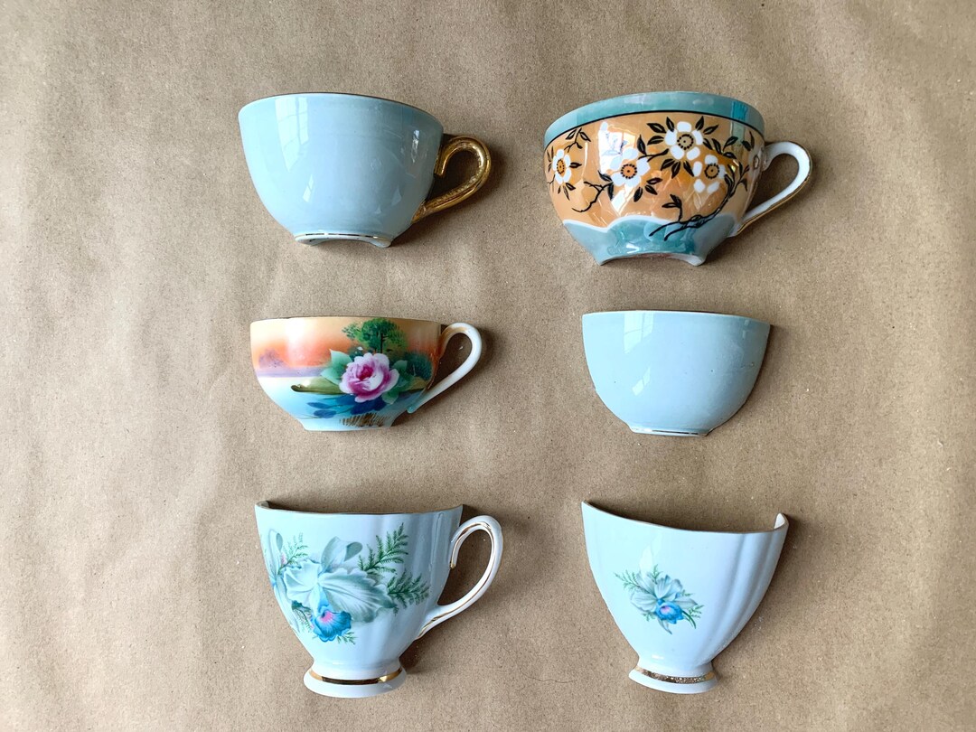 6 Half Tea Cups Soft Blues, Fronts and Backs, Focal Mosaic Pieces for ...