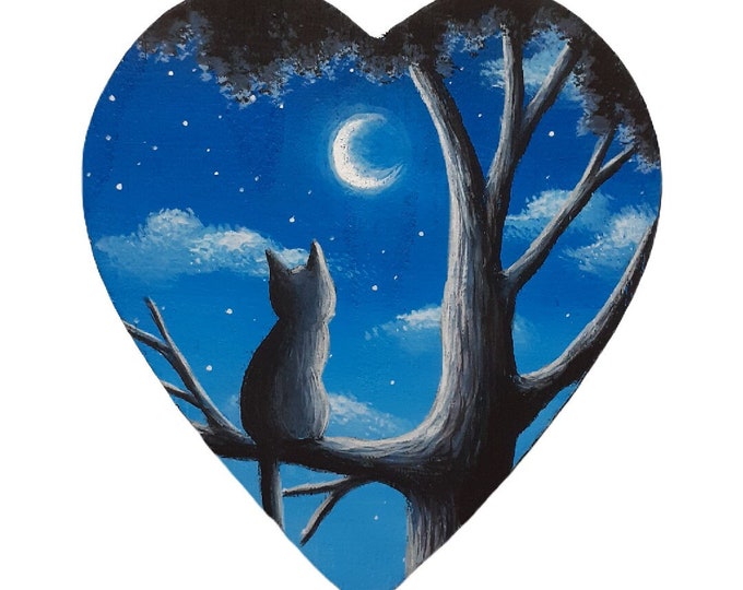 Hand Painted Wooden Shaped Heart Cat Sitting on a Tree Branch in the ...