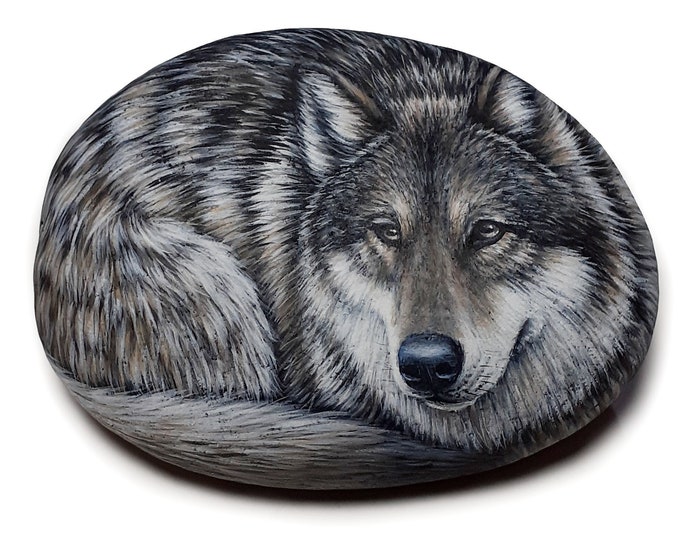 Gray Wolf Hand Painted on Natural Sea Stone Pebble Painting - Etsy