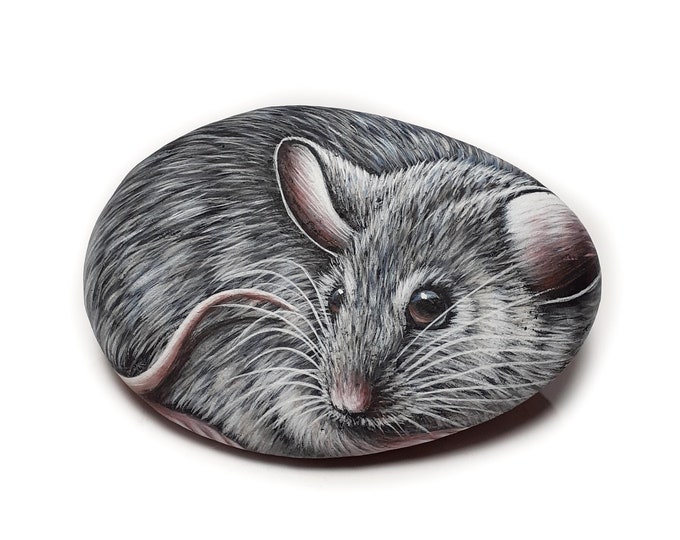 Mouse Acrylic Painting on Natural Stone Hand Painted Rodent, Finished ...