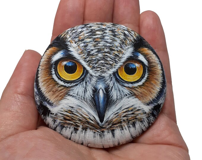 Great Horned Owl Face Portrait Painted Stone Owl Stone Art, Rock ...