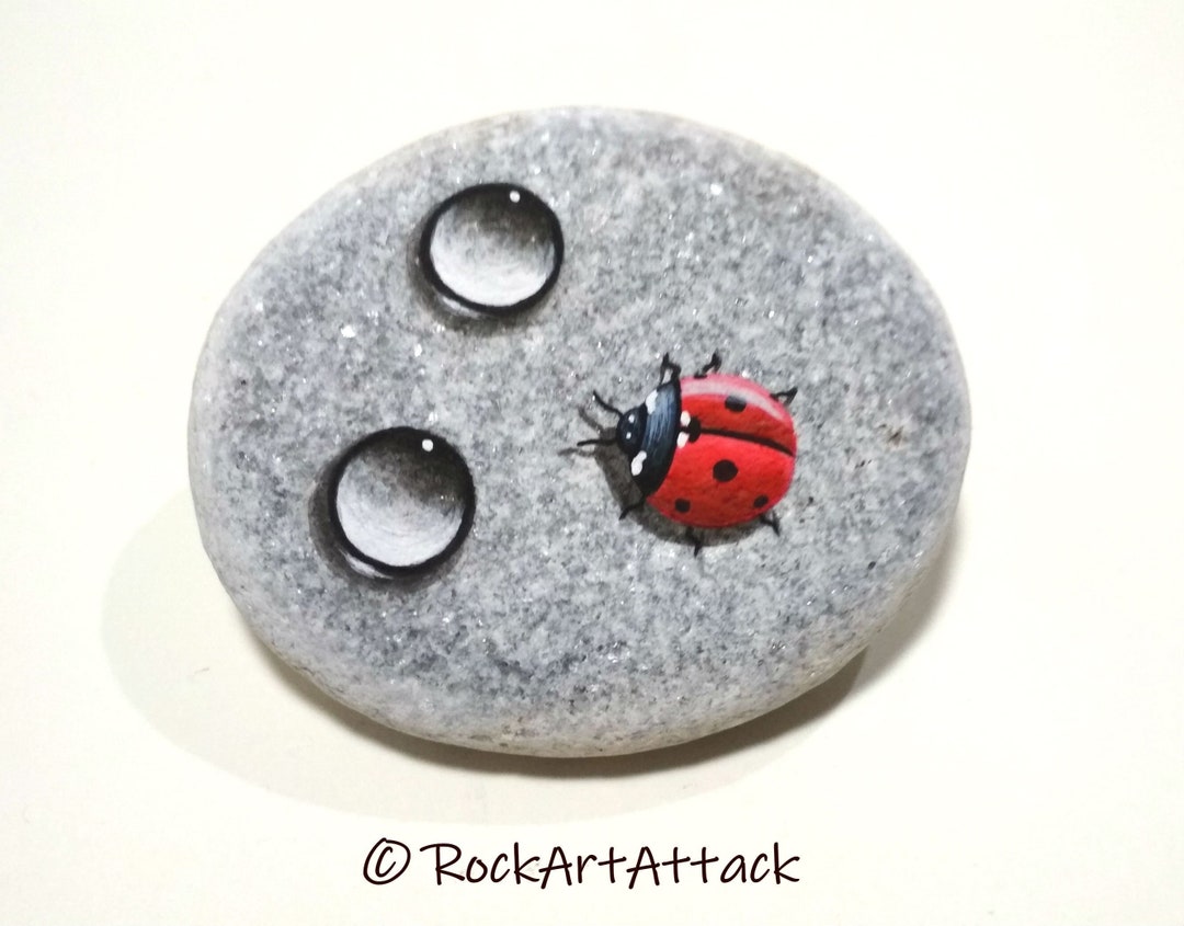 Painted Pebble Red Ladybug and Water-drops! Stone Painted, Handmade ...