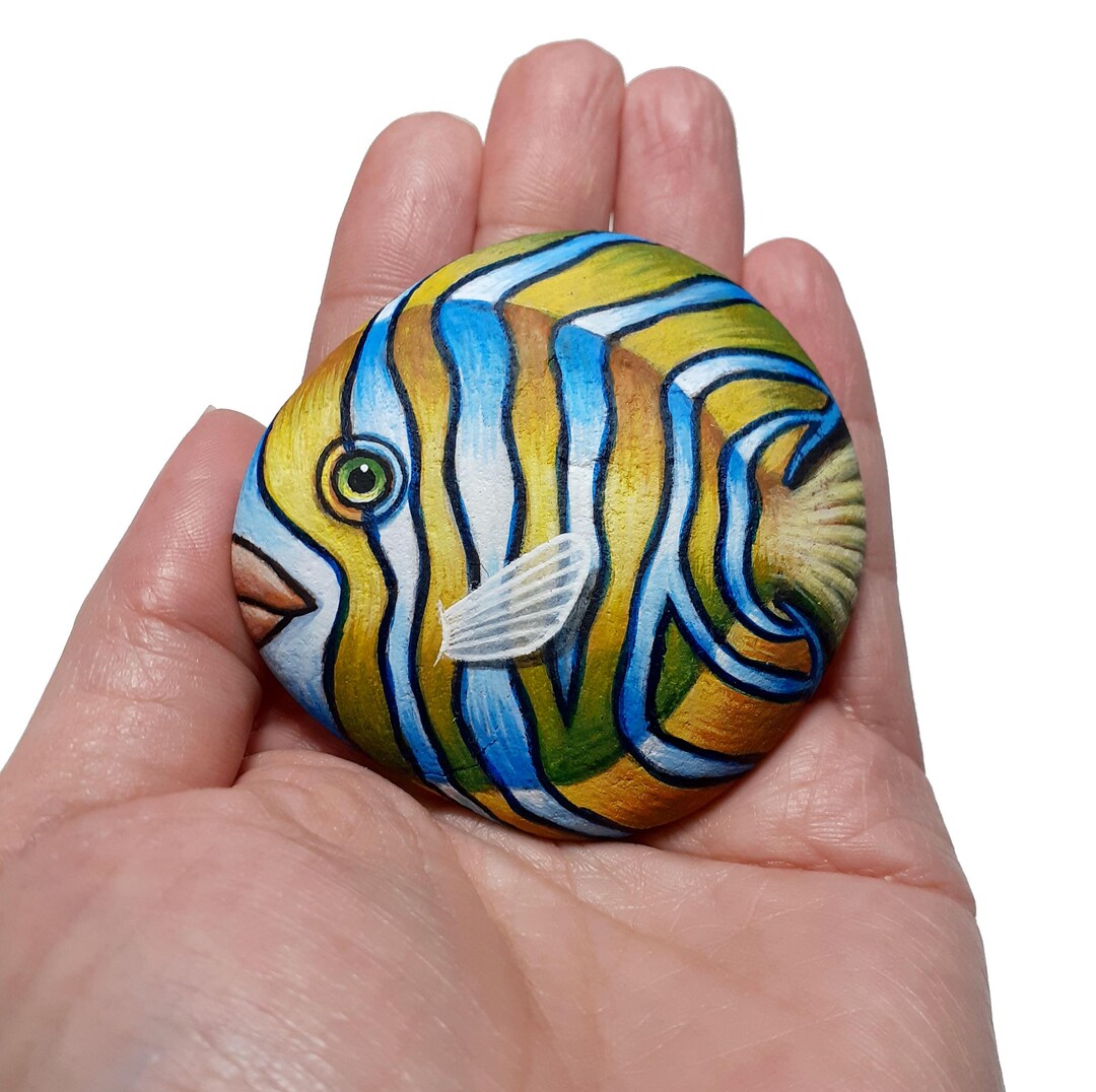 Angelfish Hand Painted Stone Art: Tropical Striped Fish Decor, Rock ...