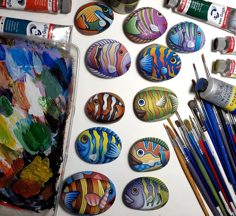 Hand-painted Pebble Art, Colorful Fantasy Fish Decor, Stone Painting ...