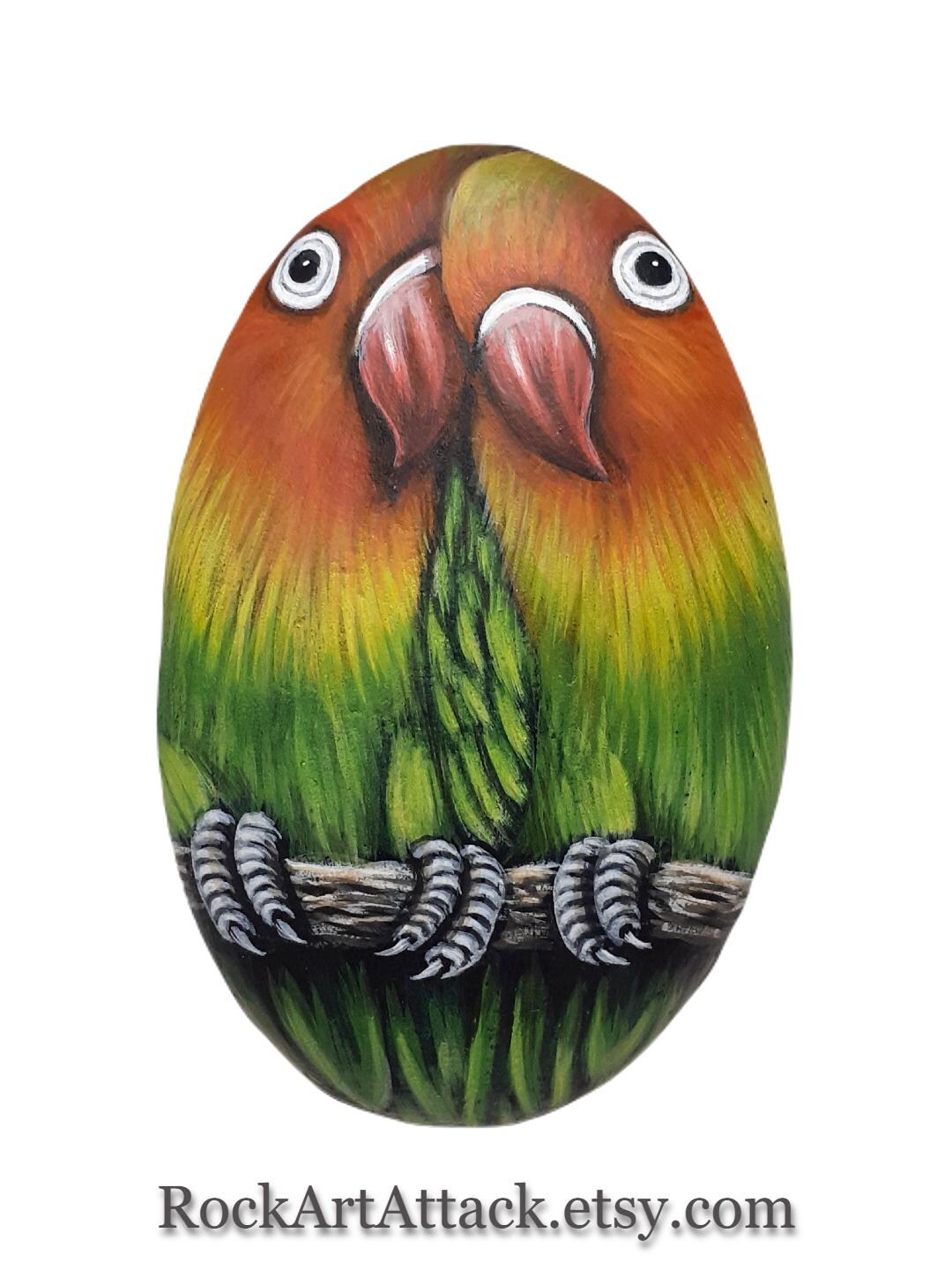 Parrots Couple Acrylic Painting on Natural Sea Stone, Colorful Birds in ...