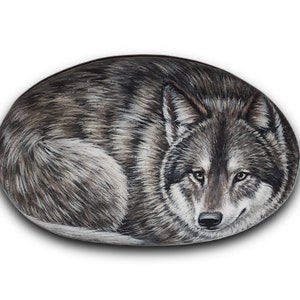 Gray Wolf Hand Painted on Natural Sea Stone Rock Painting Animal ...