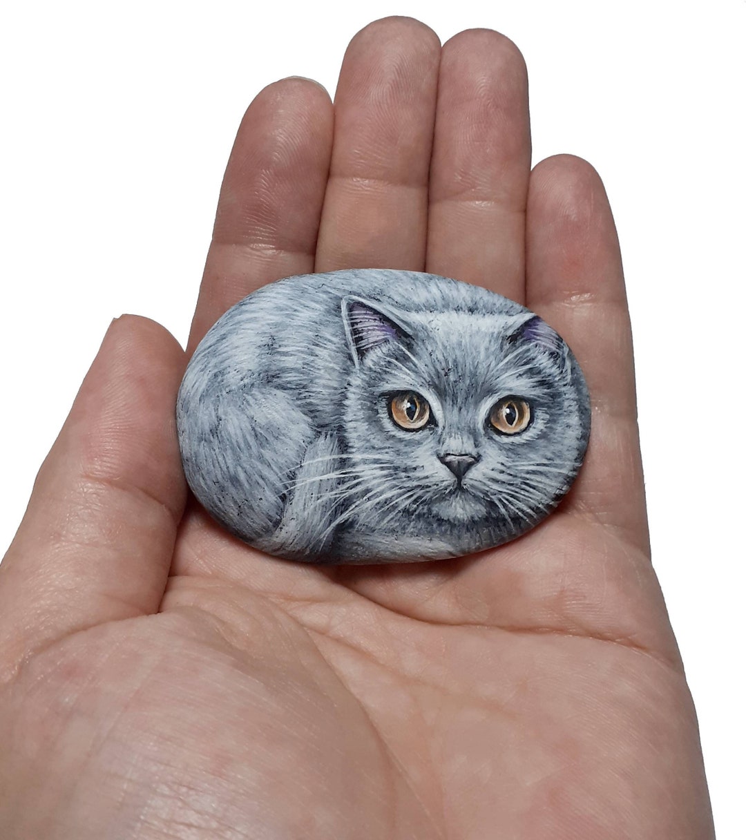 Miniature Cute Grey Cat Hand Painted on Natural Sea Pebble! Painted ...