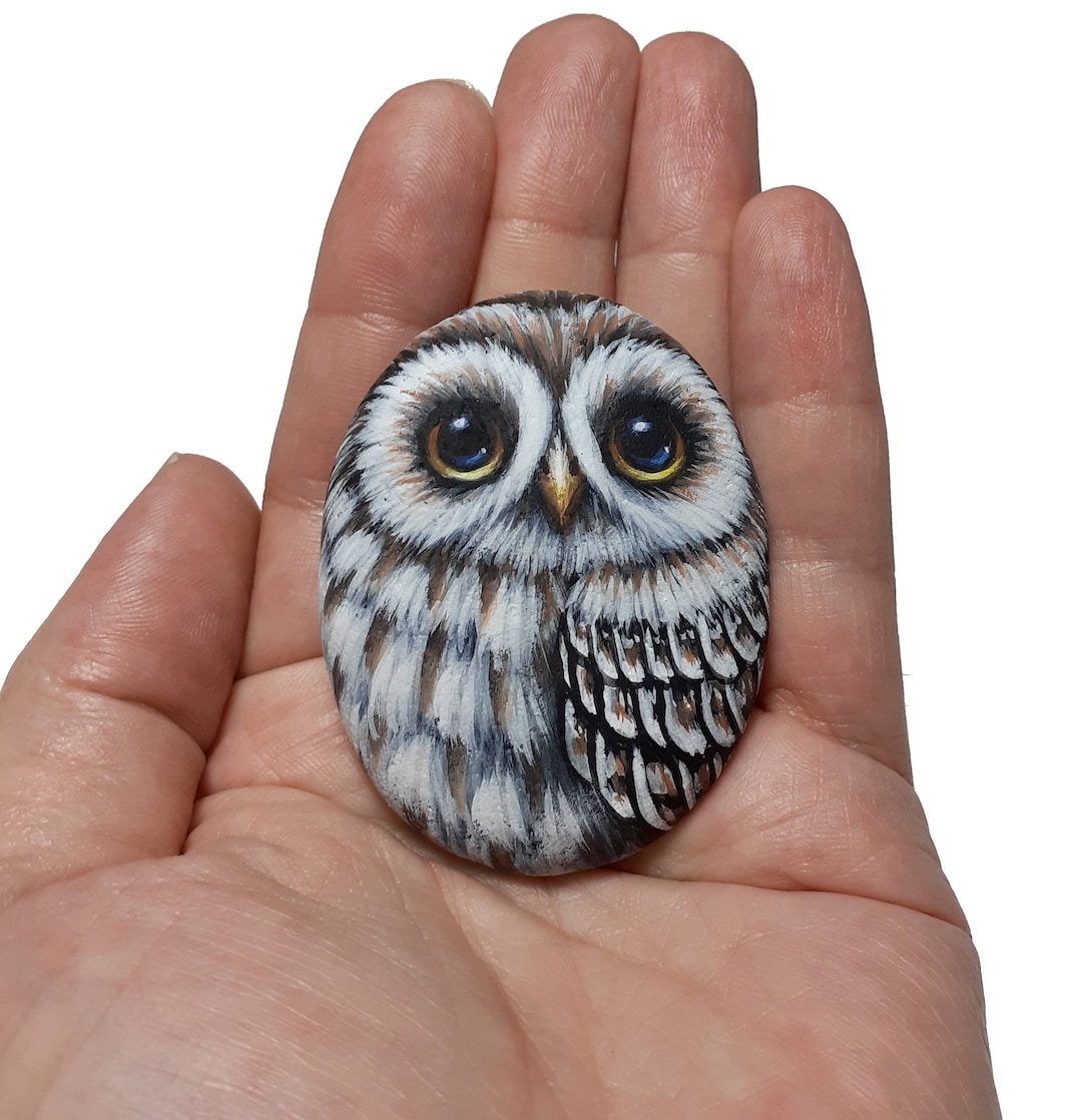 Hand Painted Owl Pebble, Miniature Acrylic Painting, Bird Painted Rock ...
