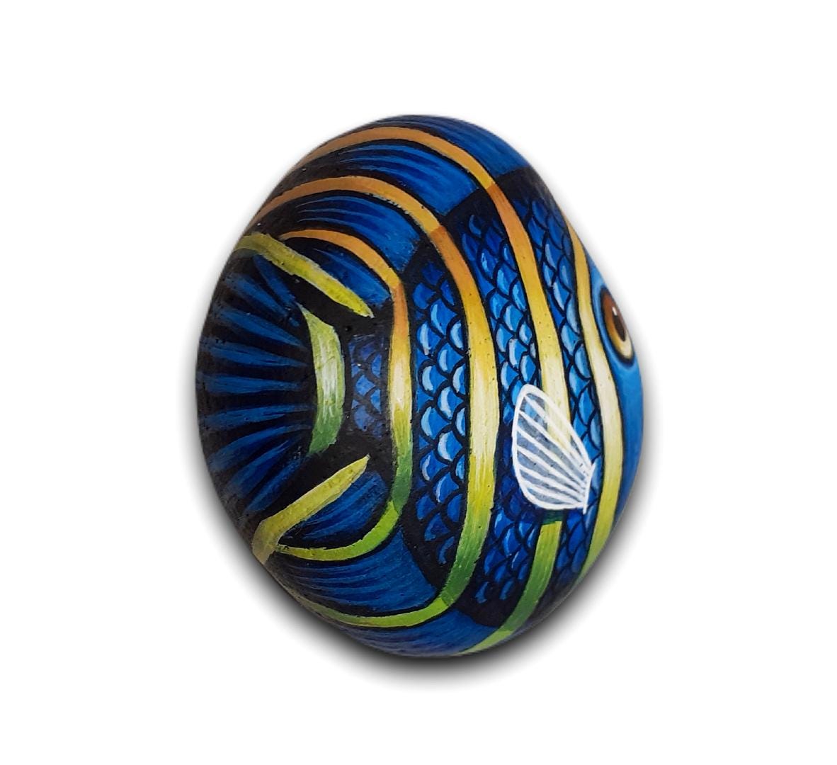 Hand-painted Pebble Art. Blue & Yellow Fish Rock, Stone Painting Home ...