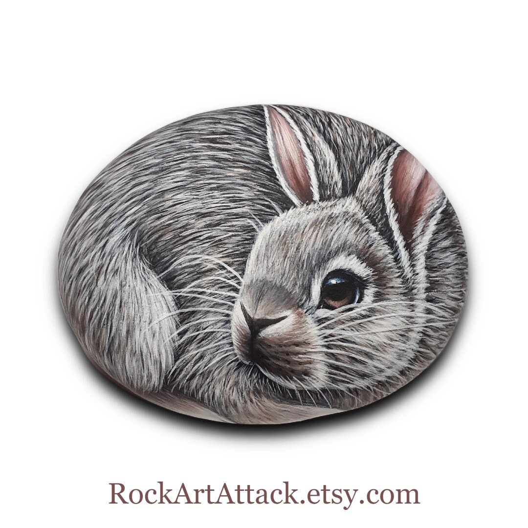 Sweet Rabbit Painted on Stone. Miniature Bunny Portrait, Animal Acrylic ...
