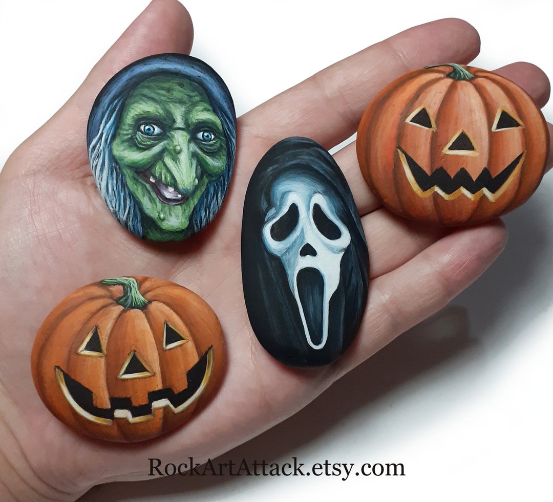 Hand-painted Halloween Pebble. Witch, Ghost, Pumpkin Decor, Spooky ...