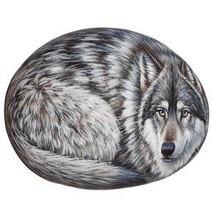 Gray Wolf Hand Painted on Natural Sea Stone Rock Painting Animal ...