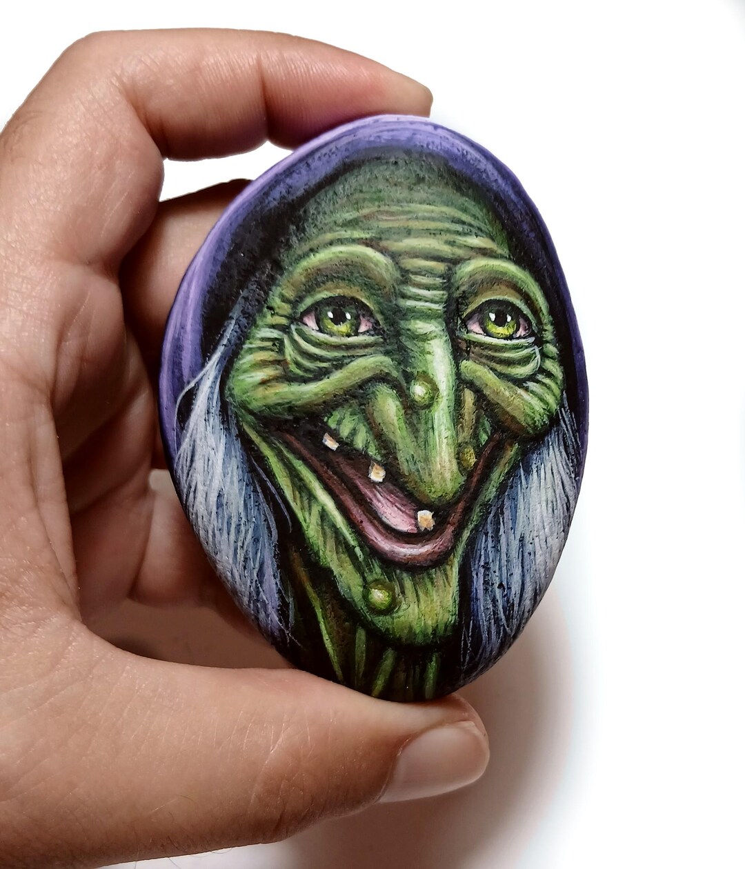 Hand-painted Stone Witch Face Portrait. Halloween Decor, Spooky Art ...