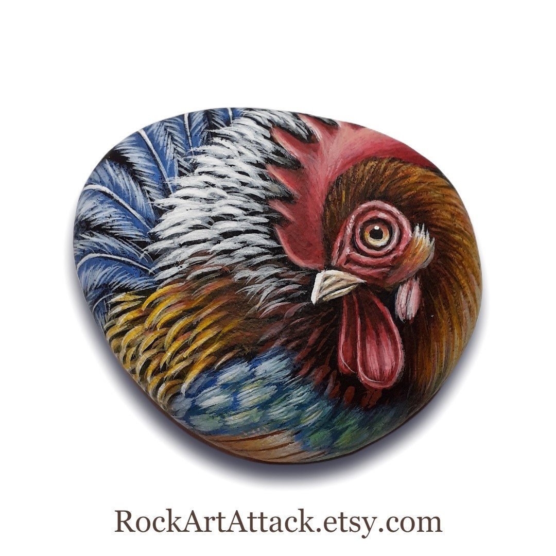 Rooster Sea Pebble Painting Art With Acrylics. Unique Stone Painting by ...