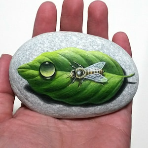 Bee and Water Drop on a Green Leaf Hand Painted on Natural Sea Stone ...