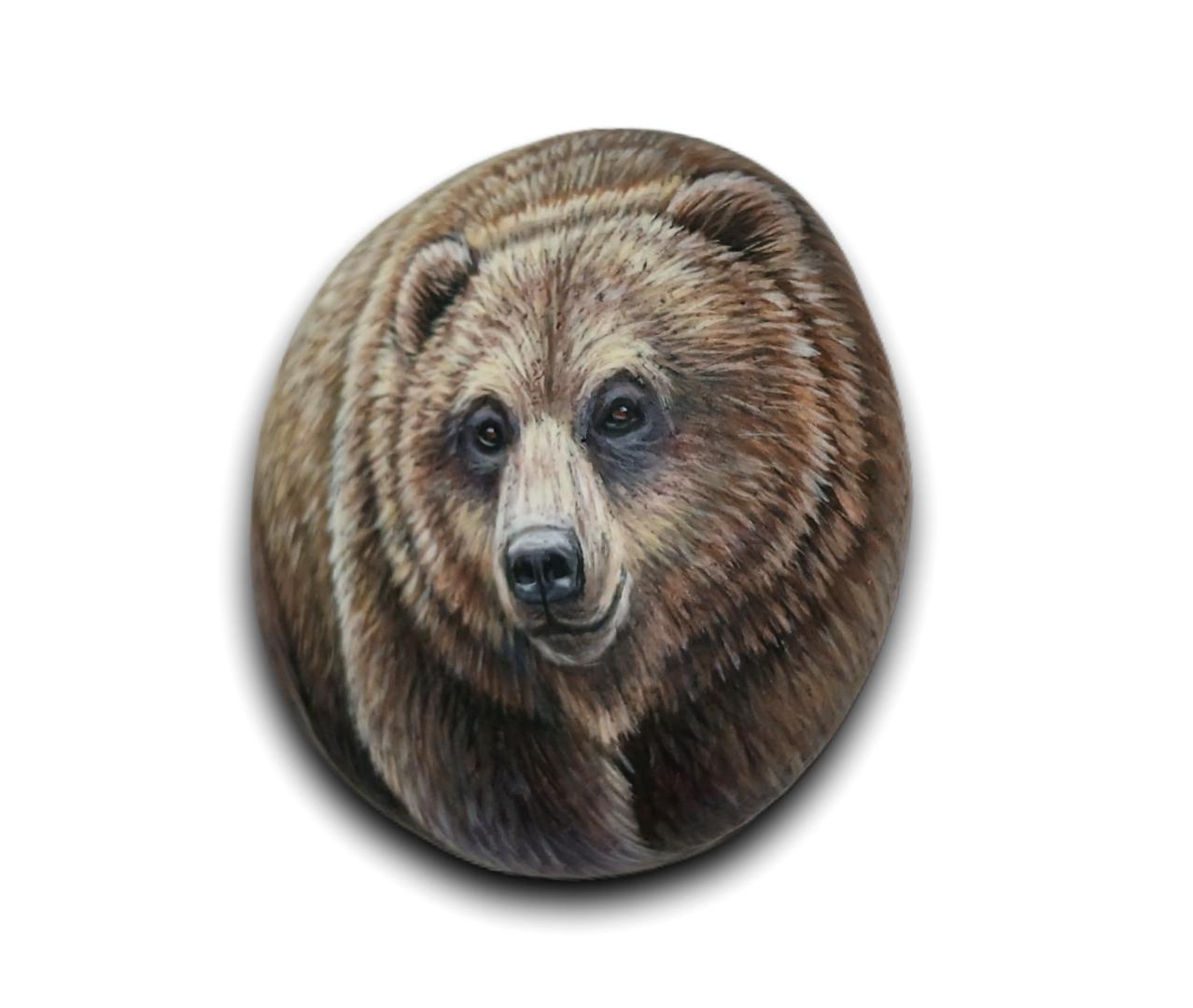 Hand Painted Rock Grizzly Bear Full Body Portrait Forest Mountain ...