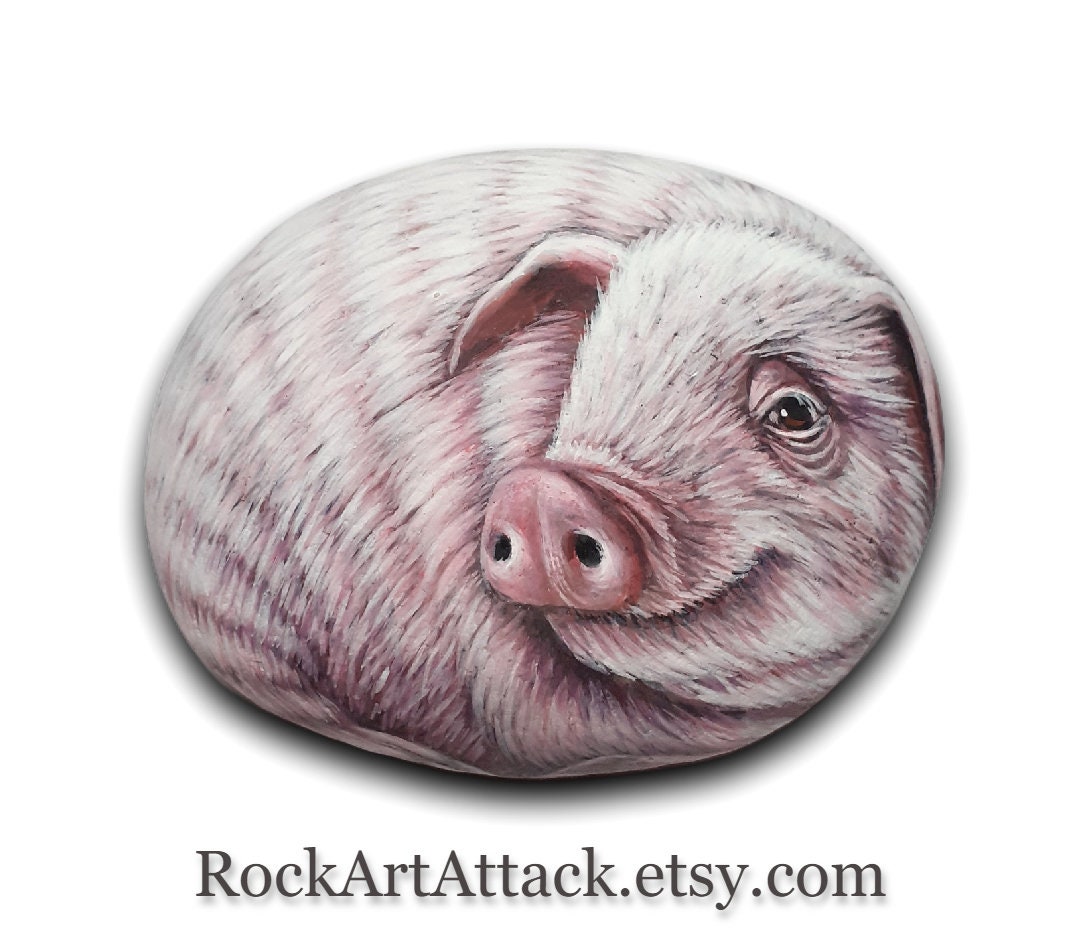 Stone Painting Cute Pig Farm Animal Hand Painted Natural Sea - Etsy