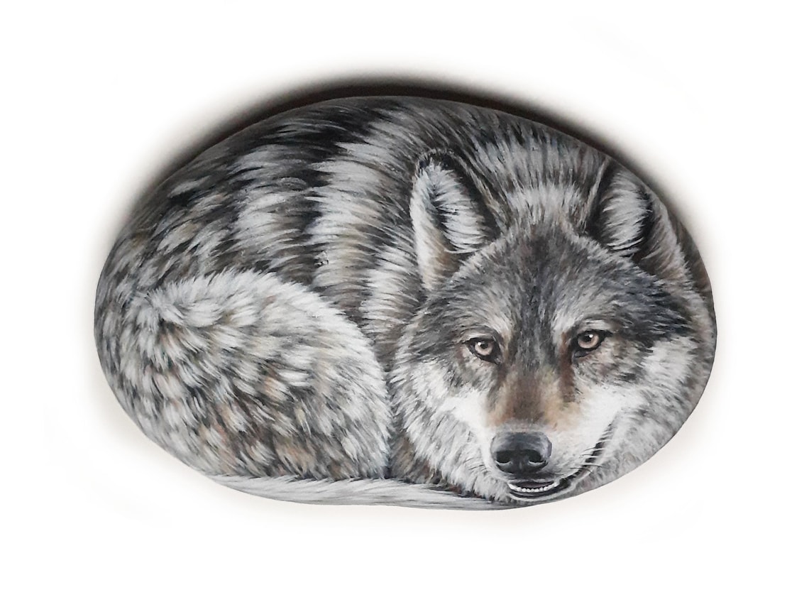 Gray wolf hand painted on flat natural stone Rock painting | Etsy