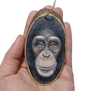 Chimpanzee Animal Face Portrait Painting With Acrylics on Wooden Tree ...