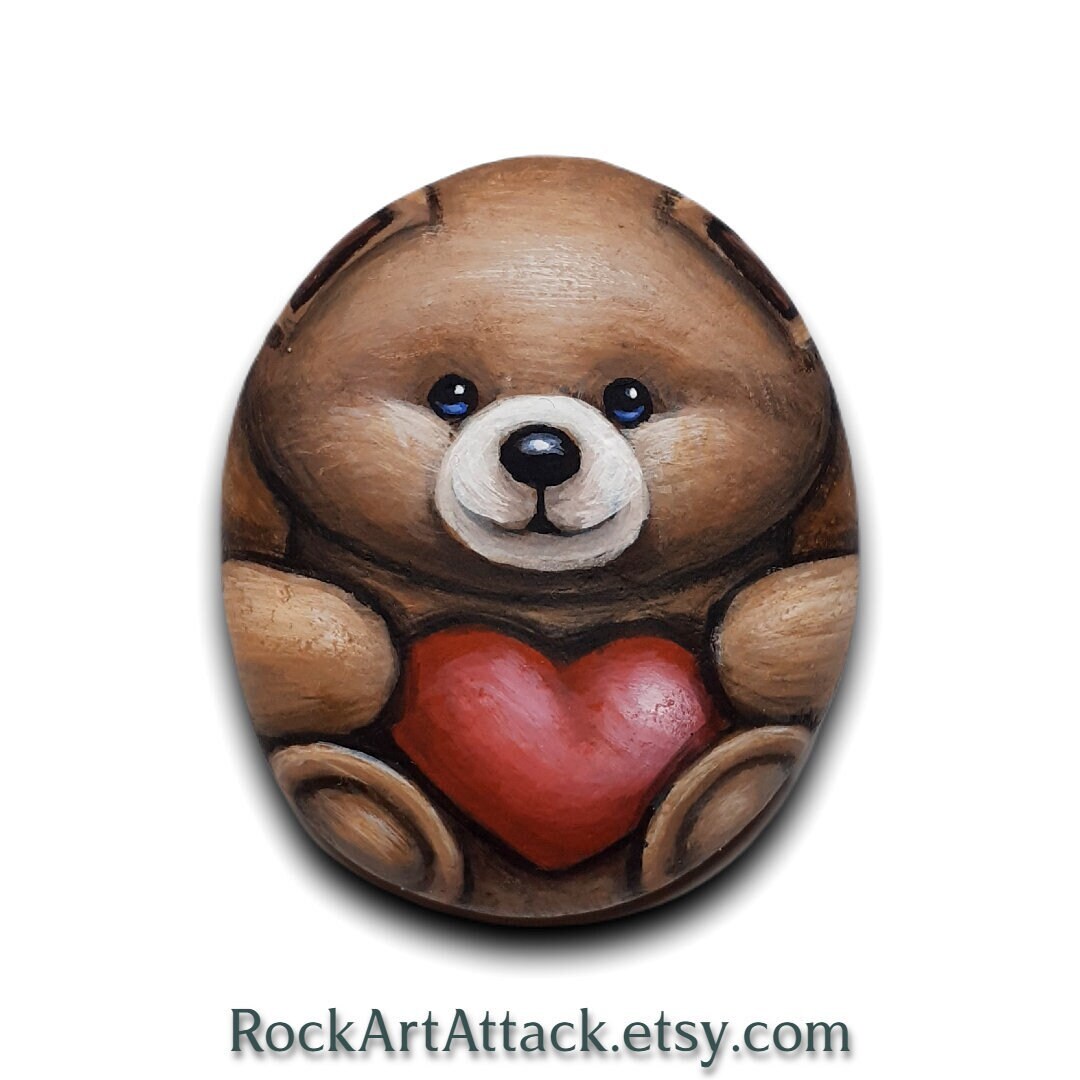 Teddy Bear Holding a Red Heart Hand Painted on Pebble! Handmade Acrylic ...