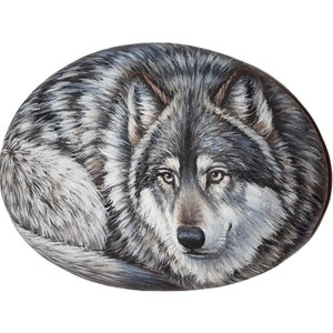 Gray Wolf Hand Painted on Natural Sea Stone Rock Painting Animal ...