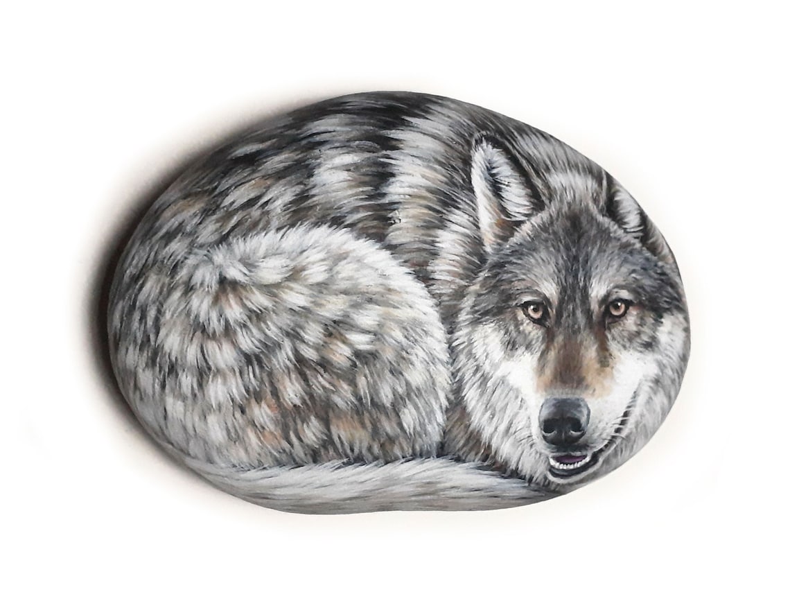 Gray wolf hand painted on flat natural stone Rock painting | Etsy
