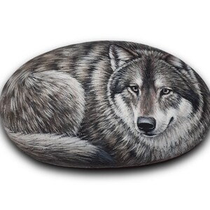 Gray Wolf Hand Painted on Natural Sea Stone Rock Painting Animal ...